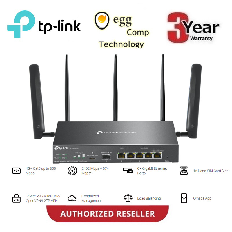 TP-LINK ER706W-4G OMADA 4G+ CAT6 AX3000 GIGABIT VPN ROUTER TP LINK ...