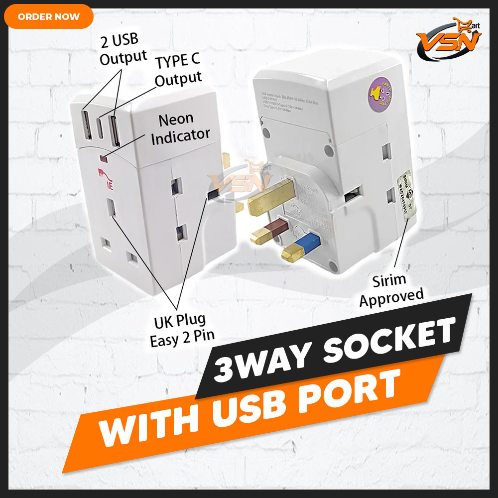 ME 13A 3 Way Adapter with USB Charger 3100mA USB TYPE C plug three ...