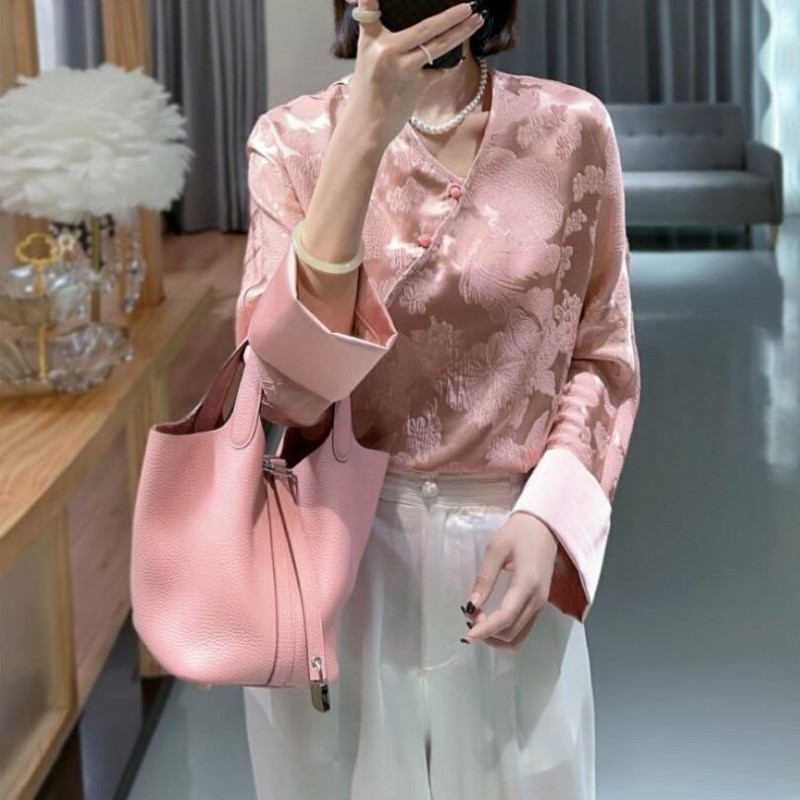 New Diagonal Placket Women Blouse Chinese Style Jacquard Slit V-neck ...