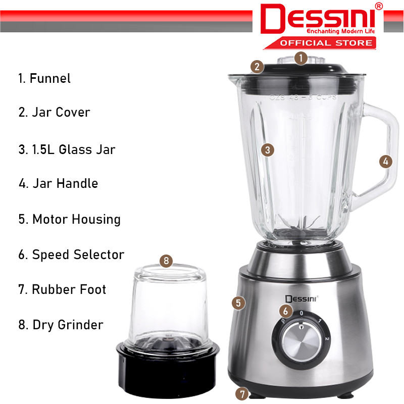 DESSINI ITALY 1.5L Stainless Steel Blender Grinder Mixer Juicer ...