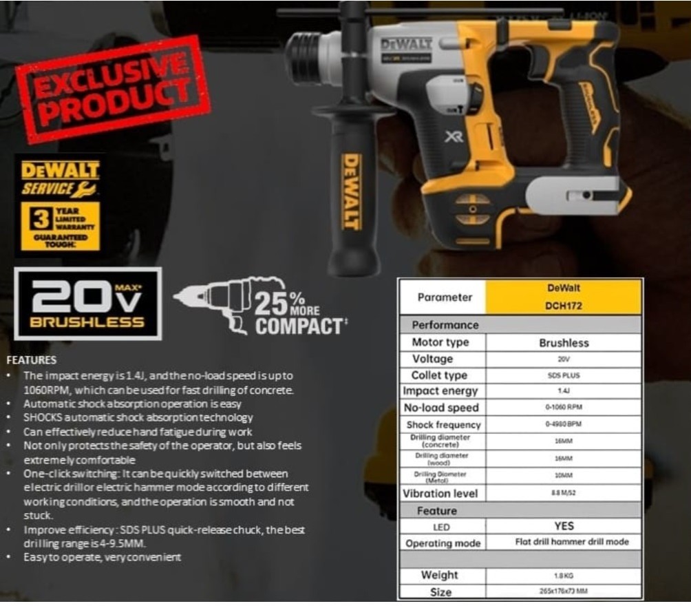 DeWALT 20V Max DCH172 Brushless Cordless 16mm Atomic Rotary Hammer ...