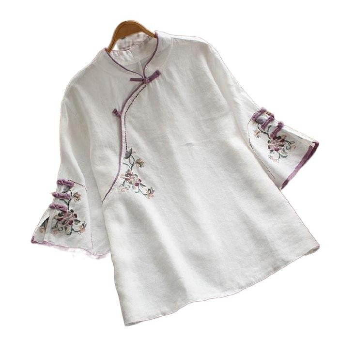 [Dsmyz] Cheongsam Top Cotton Linen Breathable Long Sleeve Embroidery ...