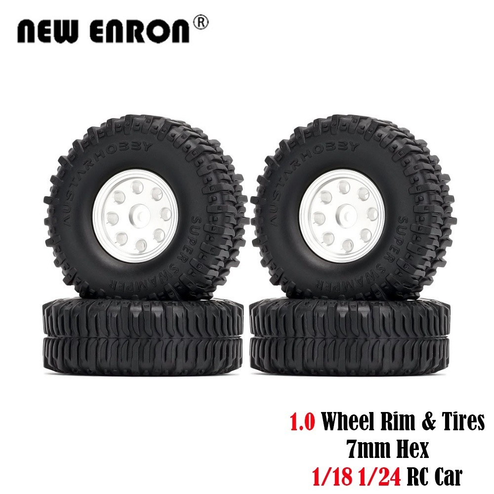4Pc 1.0 Beadlock Wheel Hub RC Rim 60mm Rubber Tires for RC Car Micro ...