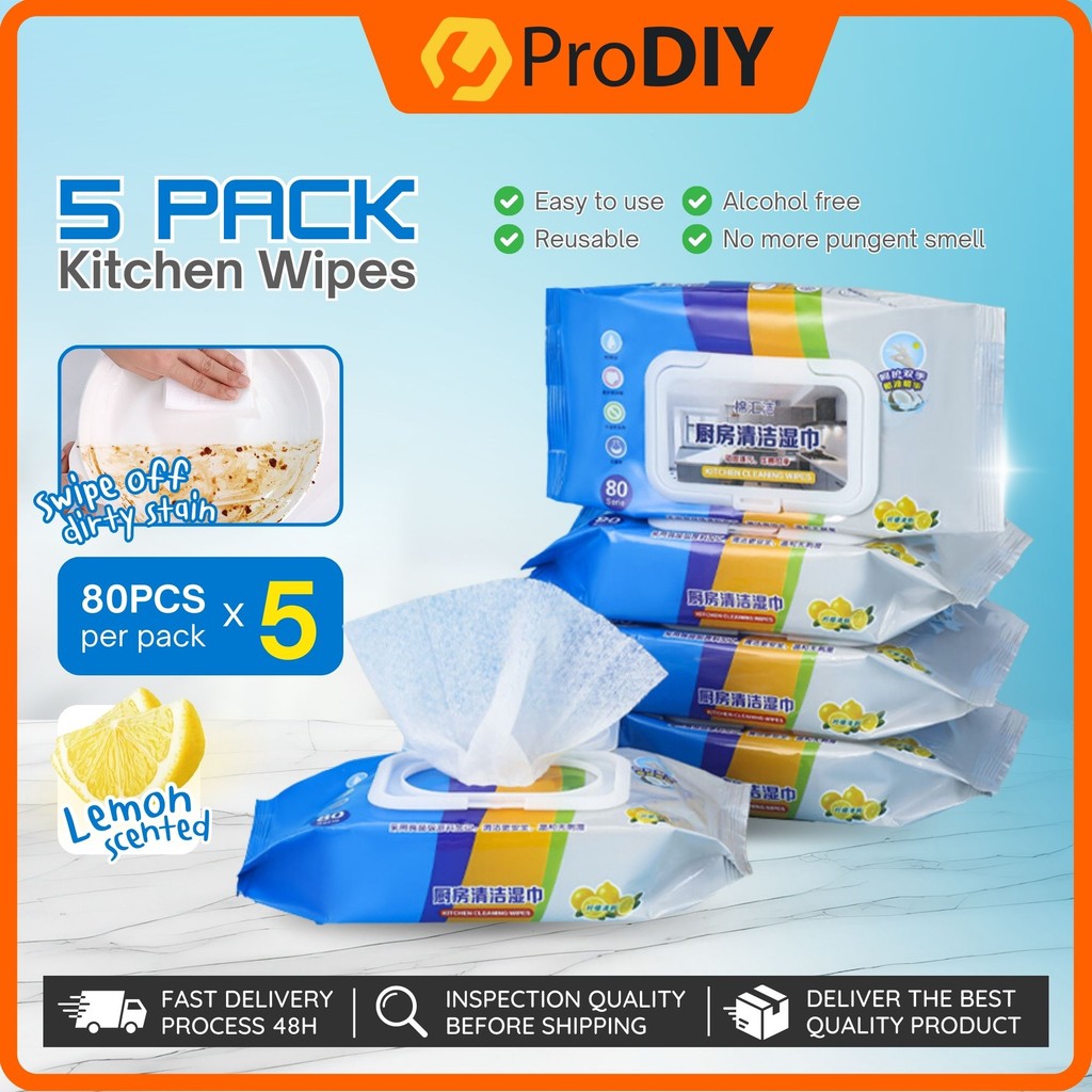 ( 5 PACK ) 80PCS Kitchen Wet Wipes Heavy Duty Multipurpose Stain ...