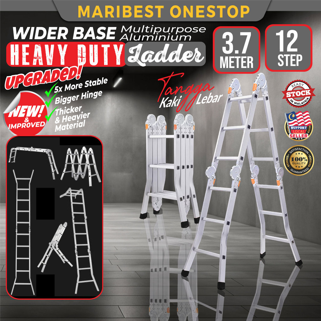 3.7M 12 Step Wider Base Heavy Duty Foldable Ladder Multipurpose ...