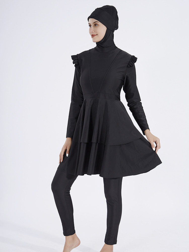 Black Ruffle Muslim Swimwear Burkini 3pcs with Bra Padding Hijab Long ...