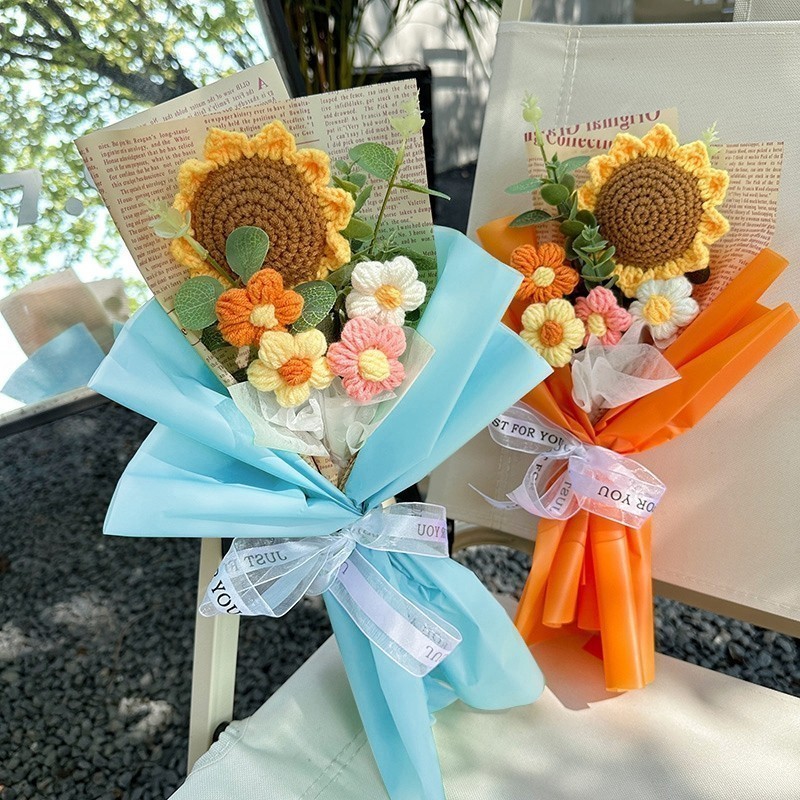 Ins Knitted Sunflower Bouquet Hand Woves Flower Bouquet Mother's ...