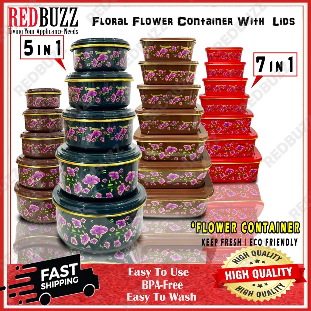 REDBUZZ 7IN1 / 5IN1 set Floral Flower Container With Lids Container Kitchenware Food Container ...