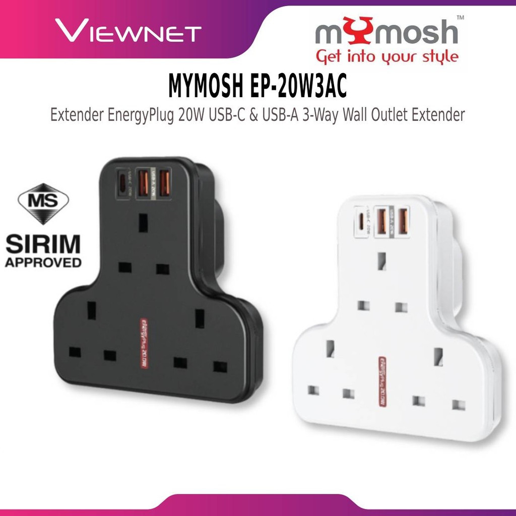 MYMOSH EP-20W3AC 6-IN-1 3-WAY WALL ENERGYPLUG OUTLET EXTENDER WITH 20W ...