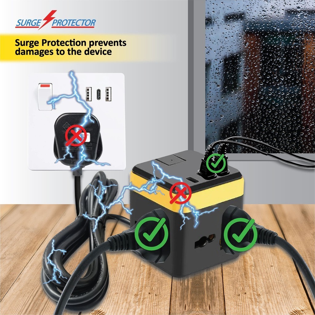 LMX USB-C & USB-A 3 Gang Power Cube Multi Socket Surge Protection 2M ...