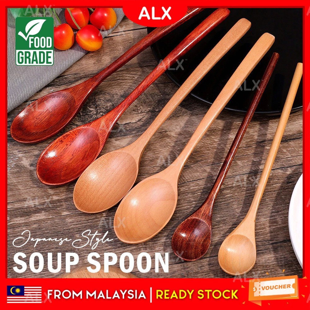 ALX Japanese Style Wooden Soup Spoon Kitchen Tableware Cutlery Long ...