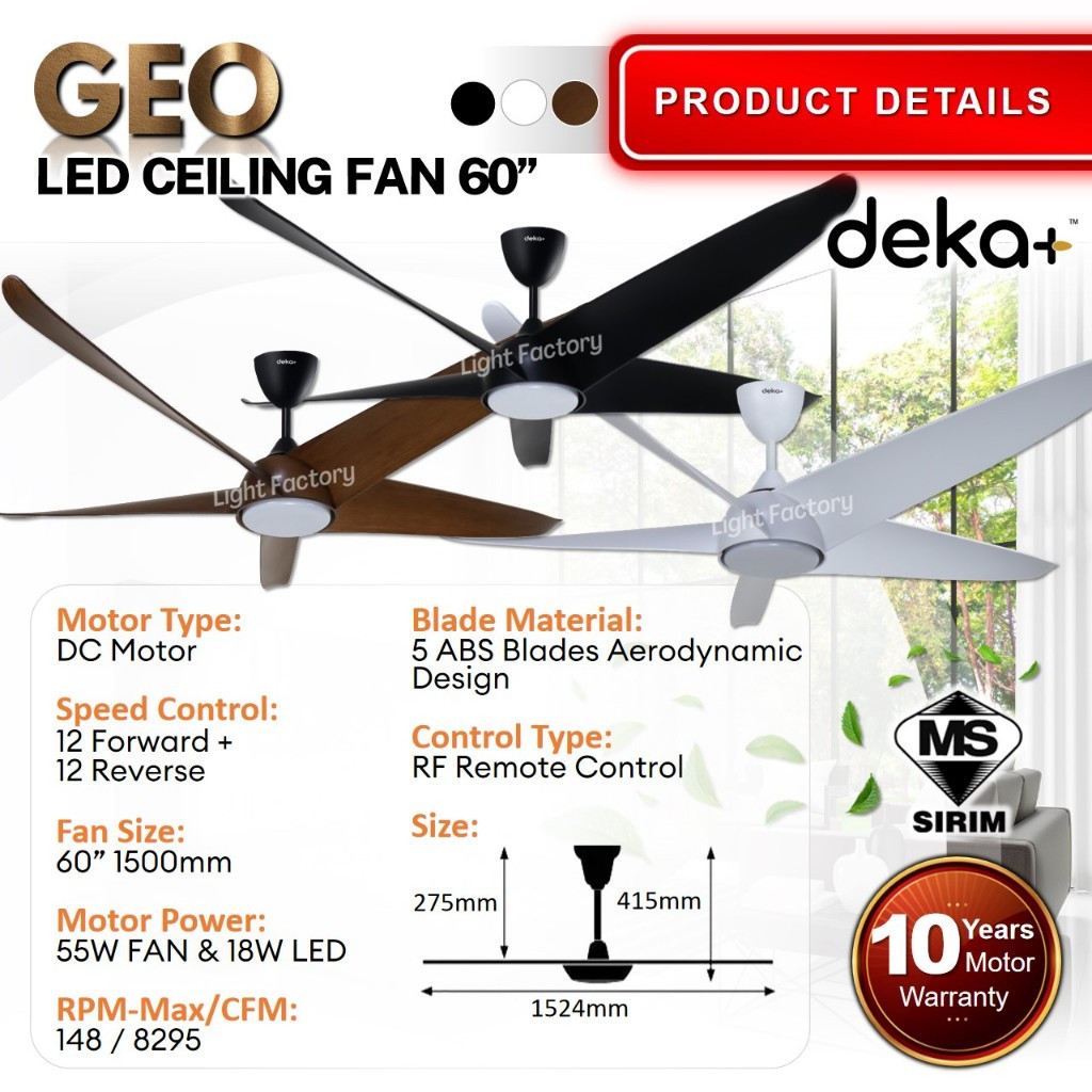 🔥NEW🔥DEKA+ GEO 60'' 5 Blades DC Motor Ceiling Fan 24 Speeds + Reverse ...
