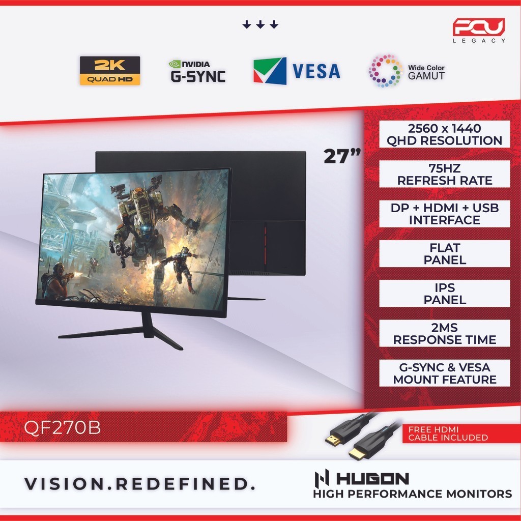 HUGON FLAT 27" 75Hz BLACK 2K QHD HIGH PERFOMANCE GAMING MONITOR ...