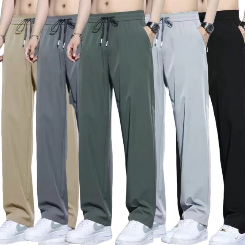 Summer thin ice silk pants men's plus-size loose straight leg slacks ...
