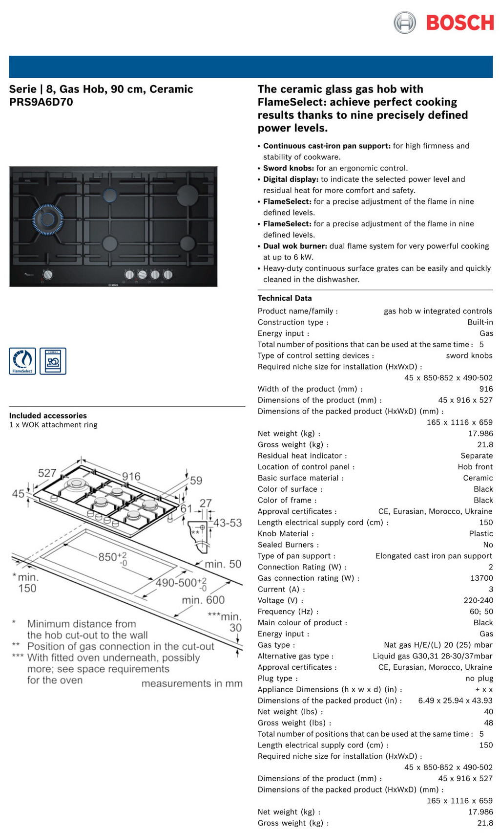 Bosch PRS9A6D70 Serie | 8 Gas Hob 90cm Black Ceramic 5 Gas Burner ...