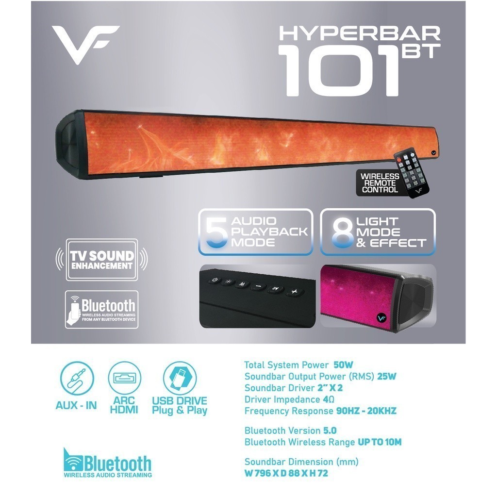 Vinnfier VF Hyperbar 101 BT Bluetooth 50W Home TV Soundbar with 8 Light Show LED / HDMI / USB ...
