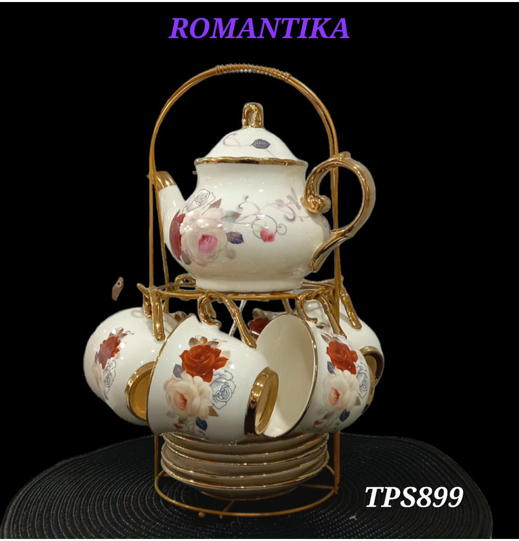 Romantika Ceramic Tea Set 13pcs with Metal Holder Tea Mugs Set ...