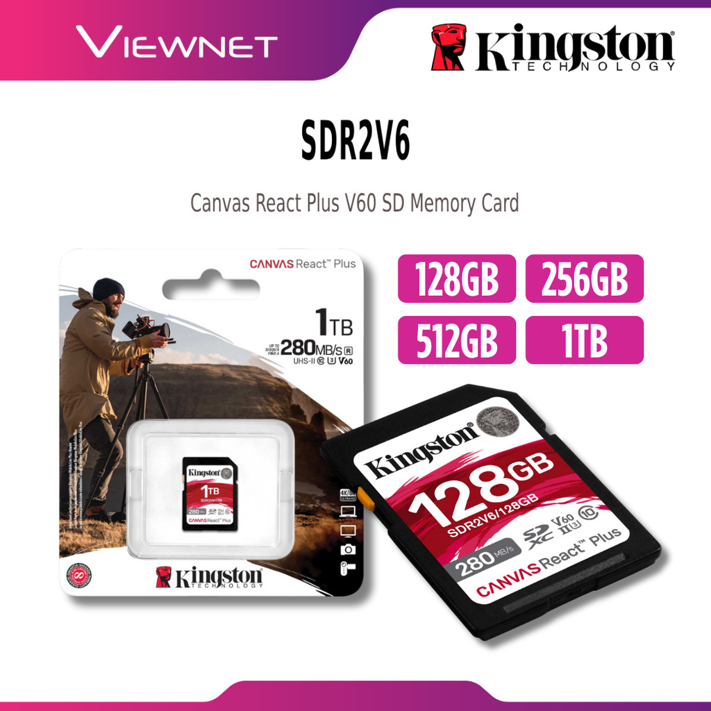 KINGSTON SDR2V6 CANVAS REACT PLUS CLASS 10, UHS-II, U3, V60 SD CARD MEMORY CARD - 128GB / 256GB ...