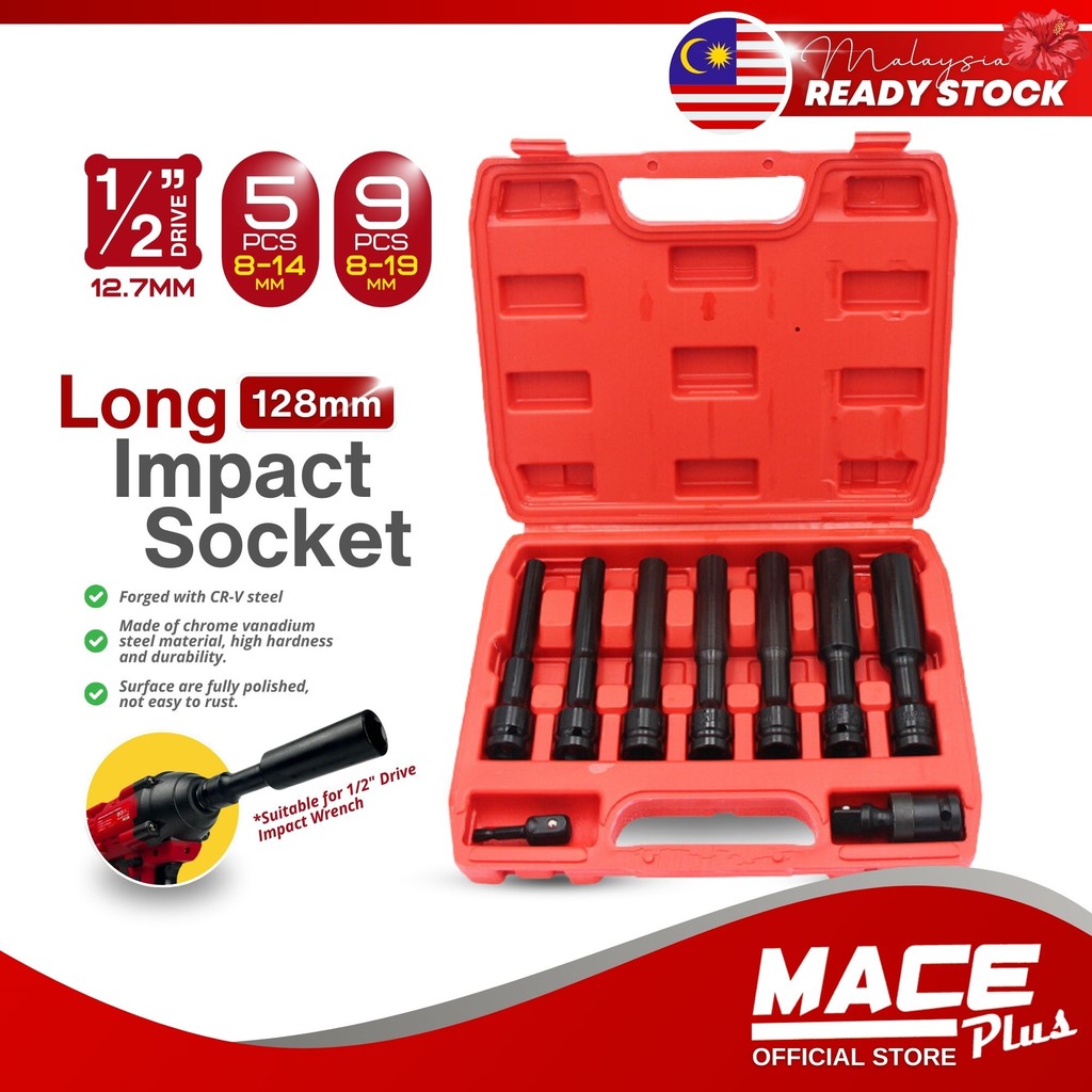 1/2 inch 128mm Long Hex Impact Socket Set 8-14mm / 8-19mm Tools Hard ...