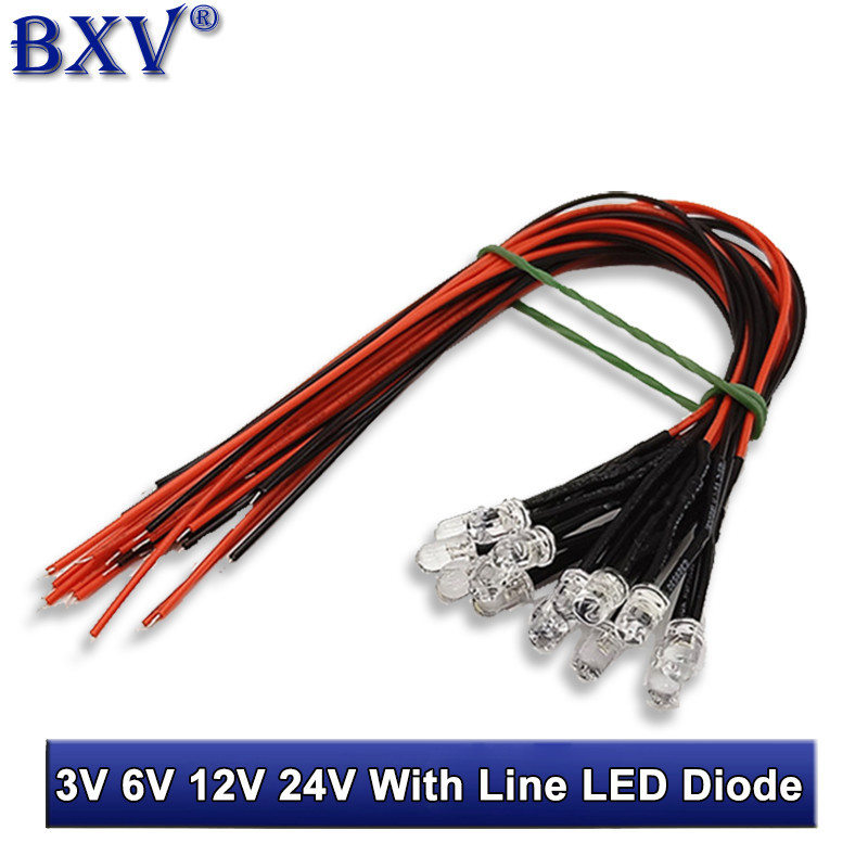 10PCS 5MM LED 24V 12V 3-6V With Line LED Light-emitting Diode/12V Line ...