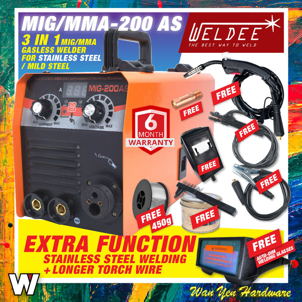 Stainless Steel 3 in 1 WELDEE MIG/MMA 200AS/AA Gas-less MIG / Gasless ...