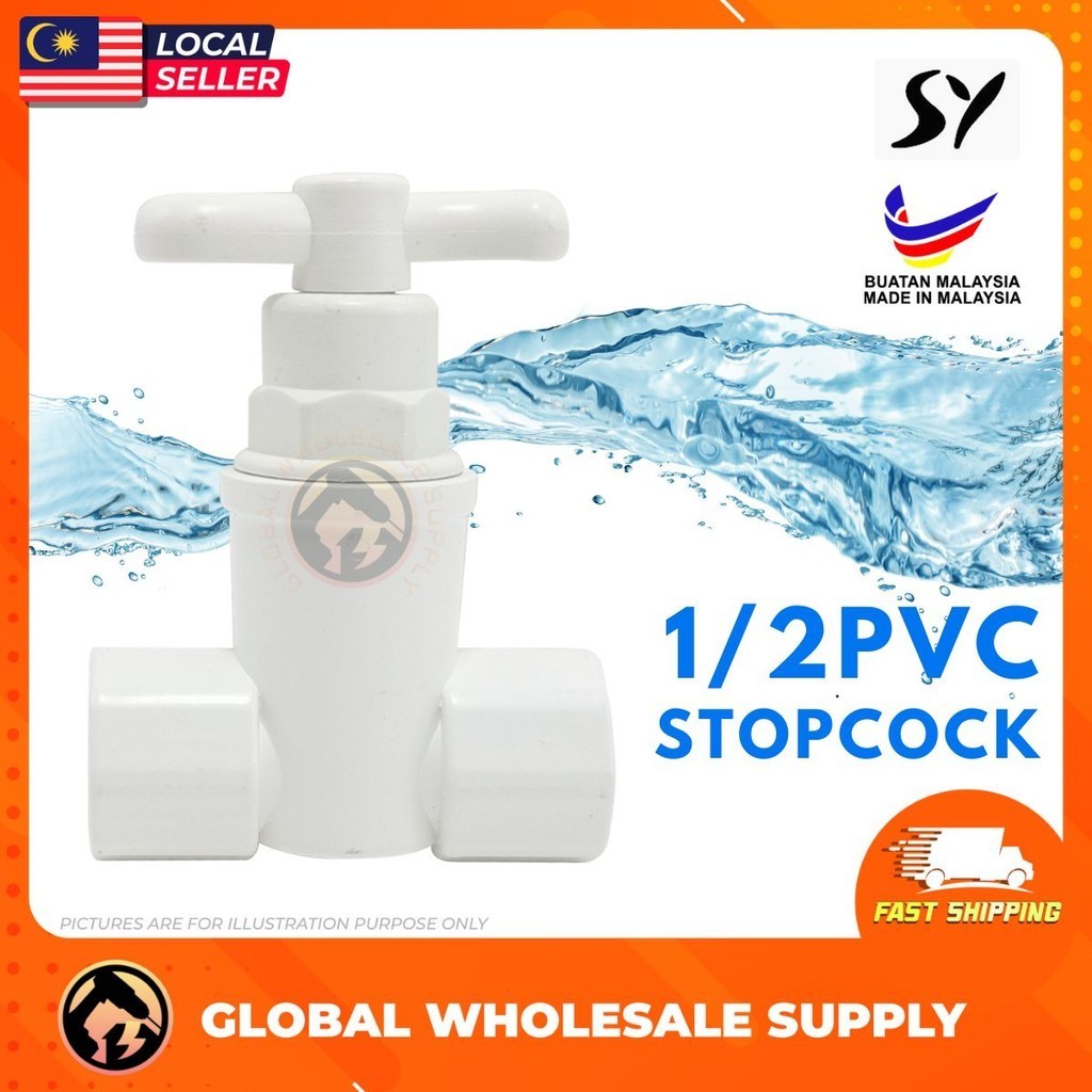 SY PREMIUM 15mm / 1/2 " PVC Water Tap 2 Way Socket Stopcock Tandas Pili Paip Air Paip Sinki ...