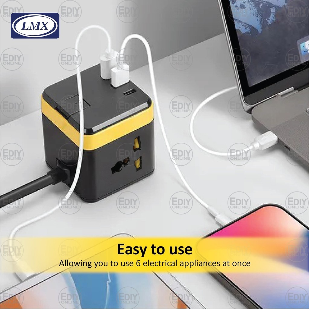 LMX USB-C & USB-A 3 Gang Power Cube Multi Socket Surge Protection 2M ...