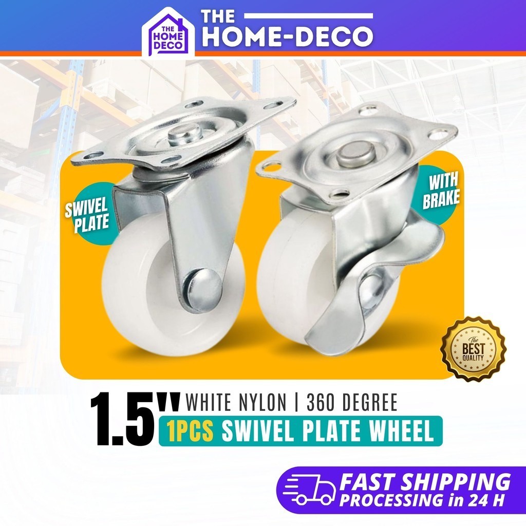 1 PCS 1.5 INCH Nylon Swivel Plate Wheel White Caster Roller With Brake ...
