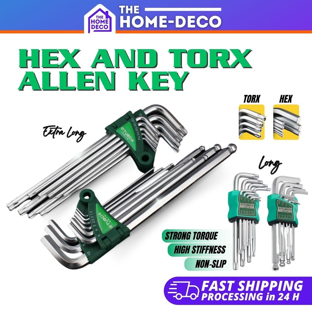 TUOCHI 9pcs Hex Torx Allen Key Ball Point Extra Long and Long Chrome ...