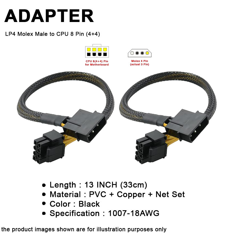 2 Pcs LP4 Molex Male to CPU 8 Pin (4+4) EPS-12V Power Adapter Converter ...