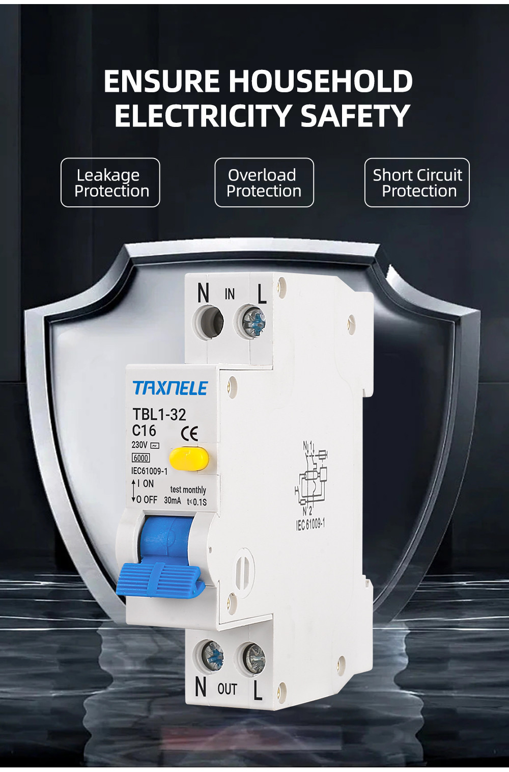 18MM Mini 230V 50/60Hz RCBO 1P+N 6KA Residual Current Differential ...