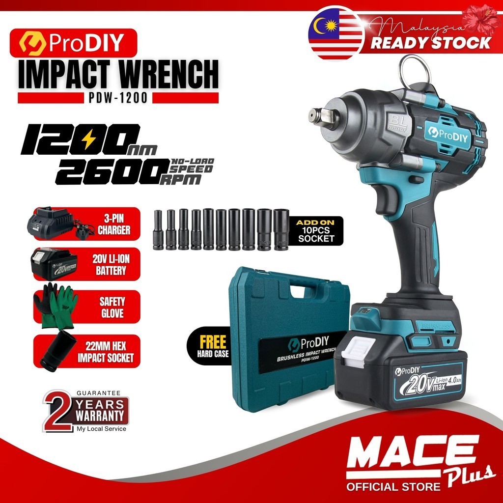 PRODIY PDIW-1200 Cordless Impact Wrench 1/2Inch 1200Nm Brushless Motor Battery Power 4000mAh ...