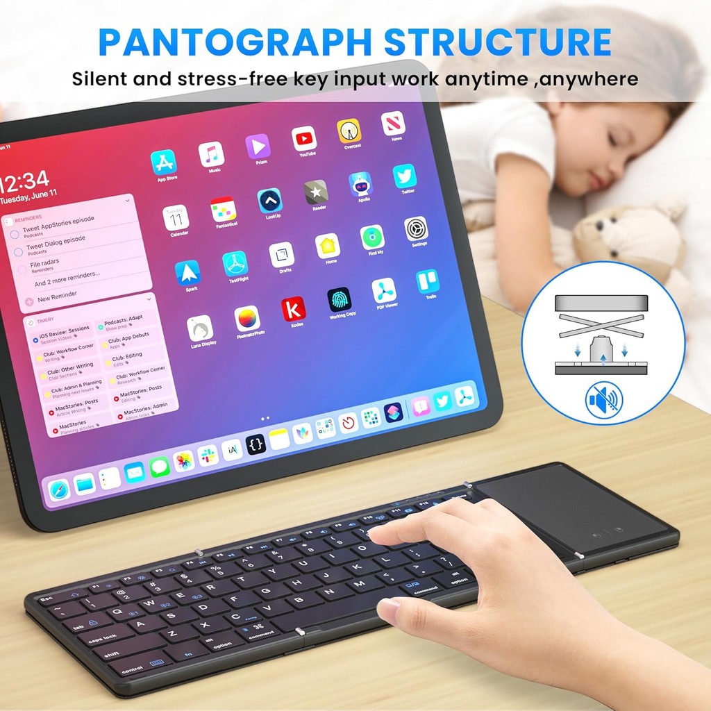 Tri-fold Bluetooth Keyboard with Touchpad Rechargeable Portable Long ...