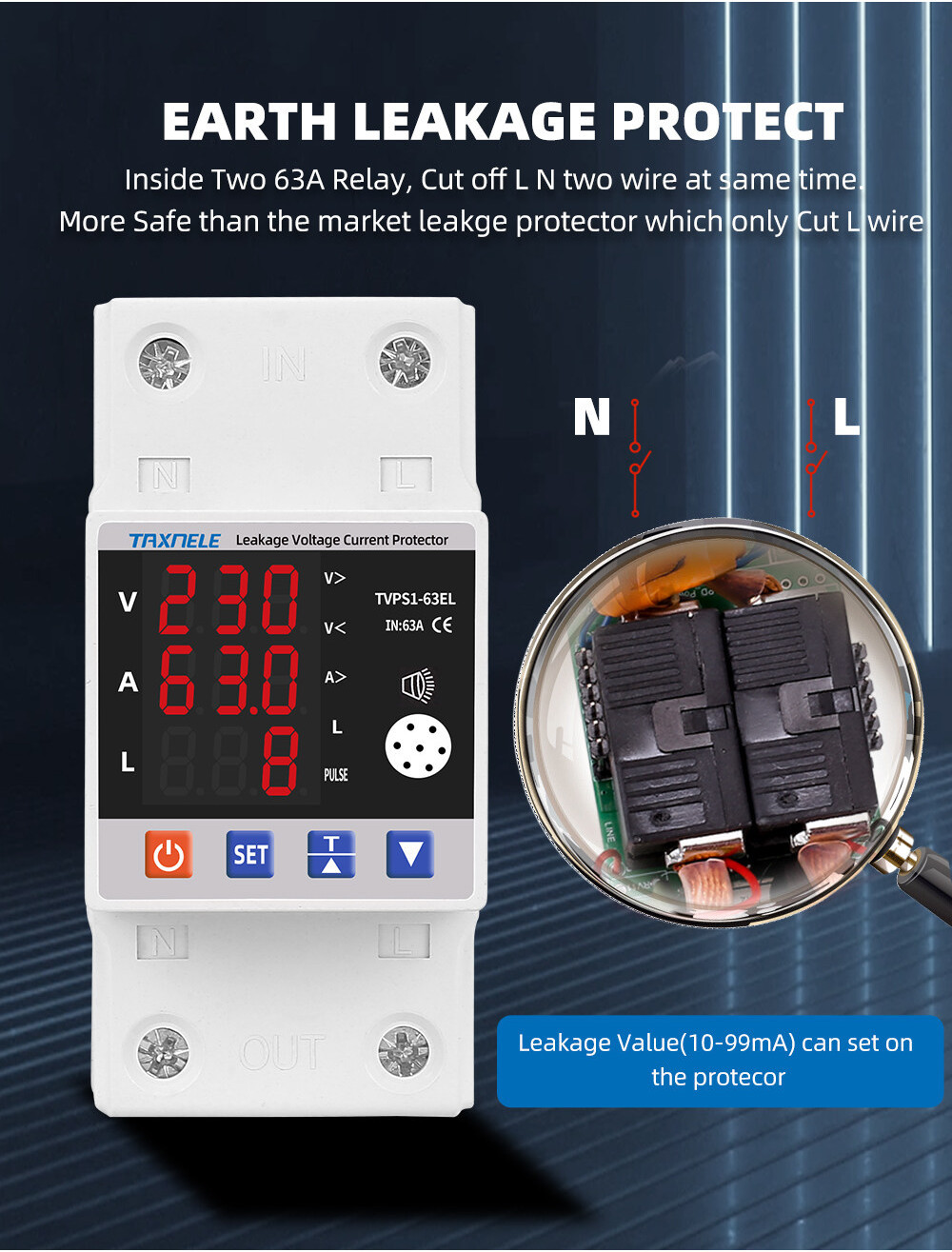 TAXNELE 63A Earth Leakage Over Under Voltage Protector Relay Circuit ...