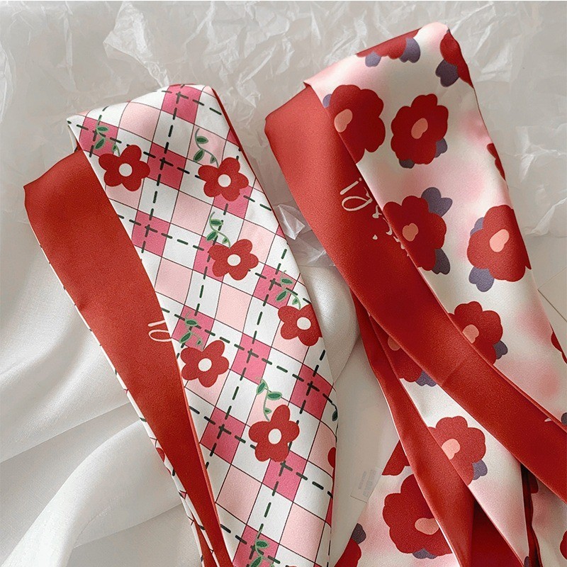 [Magpie] Red Long Silk Scarf for Women in Summer with Ribbons and ...
