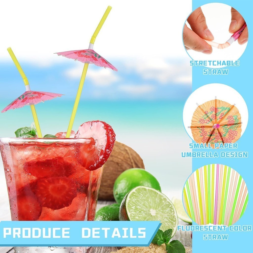 100PCS Umbrella Cocktail Drinking Straws Tropical Hawaiian Party Juice ...