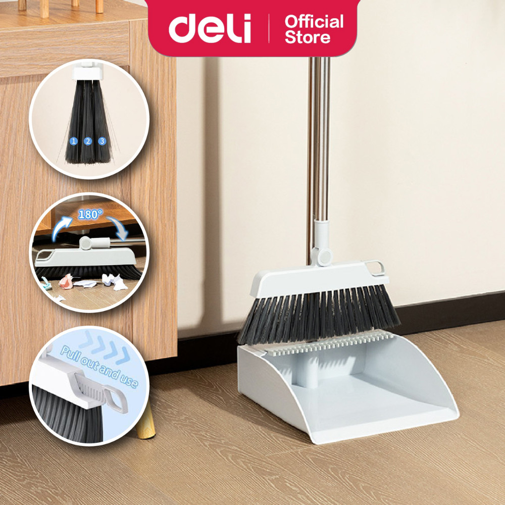 Deli Vusign 180° Rotatable Broom Dustpan Set 2 in 1 Wide Bristle ...