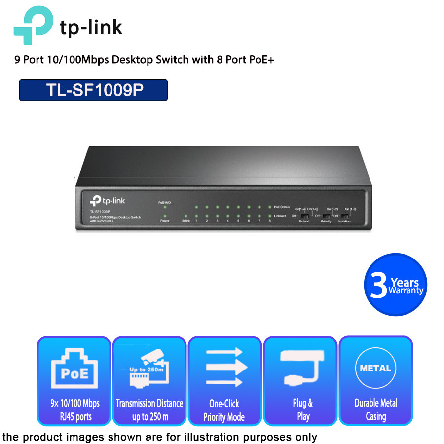 TP-Link TL-SF1009P 9 Port 10/100Mbps Desktop Switch with 8 Port PoE+ with Transmission for ...