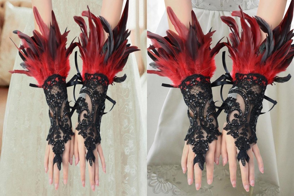 Faux Feather Long Glove Faux Feathered Wrist Gloves Sexy Lace Feather ...
