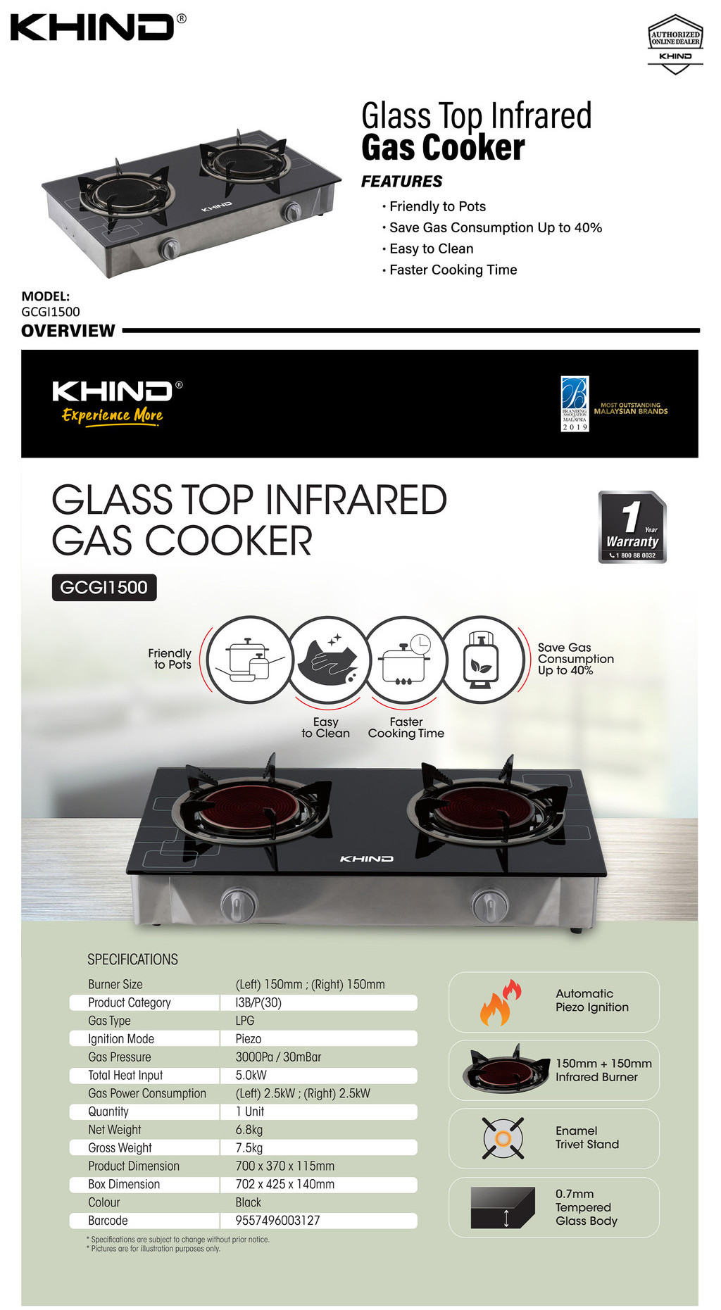 Khind Glass Top Infrared 5.0kW Gas Cooker GCGI-1500 | Shopee Malaysia