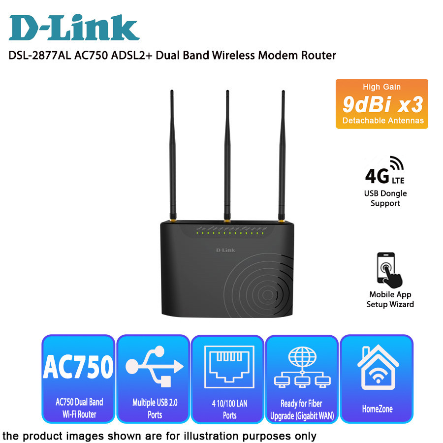 D-Link DSL-2877AL AC750 High Gain 9dBI X3 Detachable Antennas ADSL2 ...