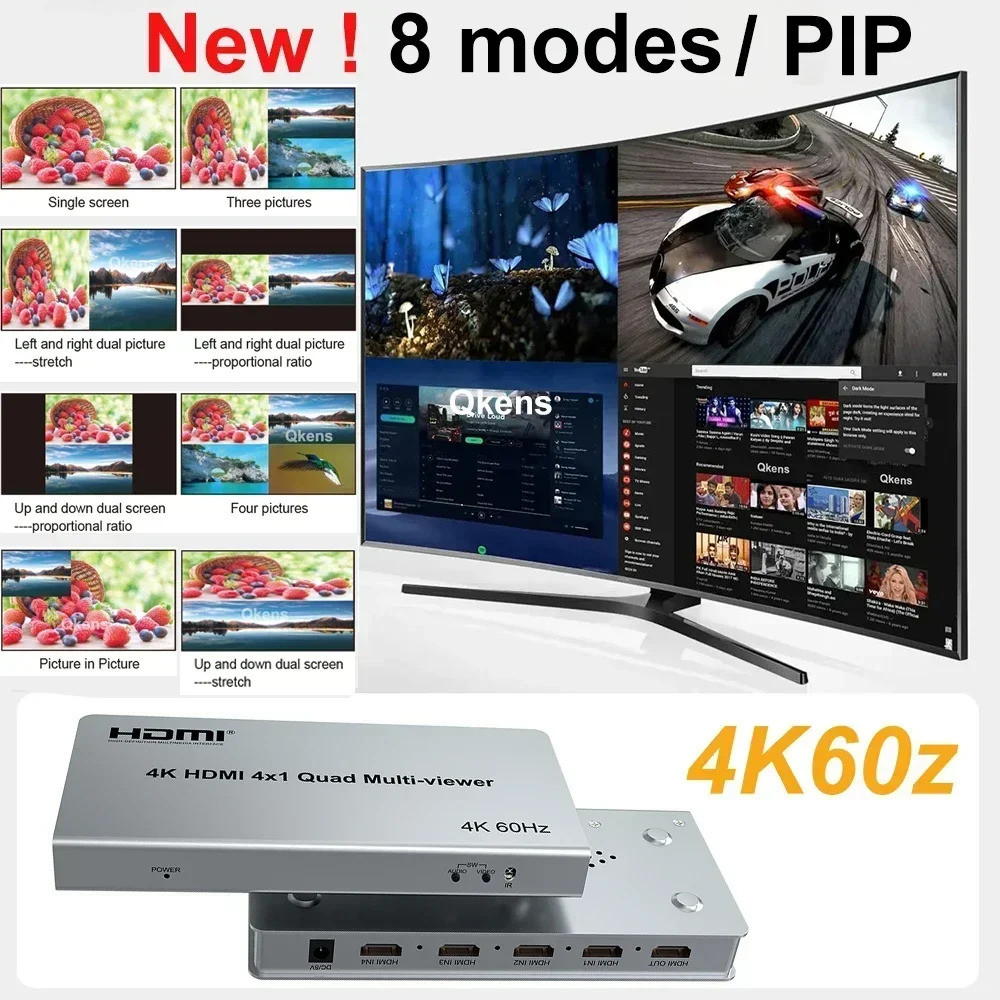 4K 60Hz HDMI Multiviewer 4x1 Seamless Switch Quad Screen Multi-Viewer ...