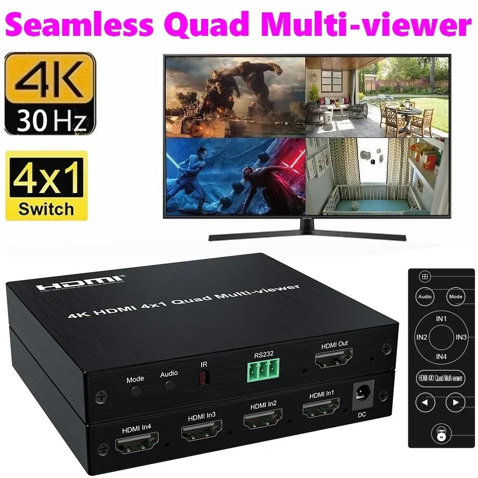 4K 30hz 4x1 HDMI Quad Multi-viewer Multi Screen Segmentation Seamless Switcher Video Multiplexer ...