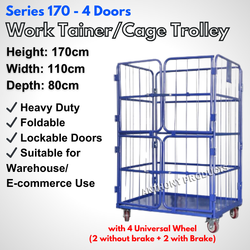 Work Tainer 4 DOORS Caged Trolley Warehouse Picking Portable Cage Brake ...