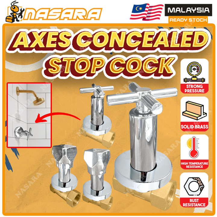 Nasara 1/2" 3/4" Axes Concealed Stopcock Brass Chrome Cross Square ...