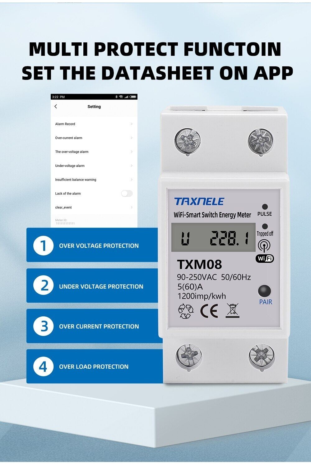 Taxnele TXM08 Tuya 60A WIFI Smart Energy Meter Power Monitor kWh ...