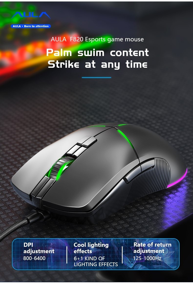 AULA F820 GAMING MOUSE 1000HZ POLLING RATE 6400DPI RGB LIGHTING CHROMA ...