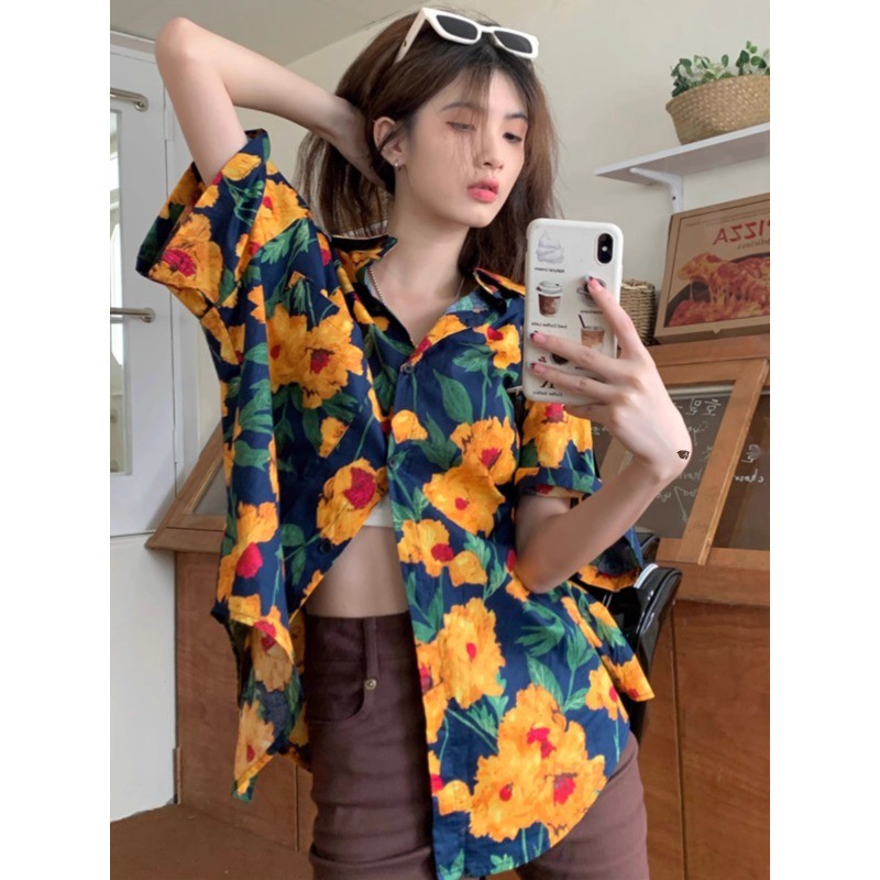 (Sent From Thailand) Songkran Shirt Women Blue Flower Pattern Yellow ...