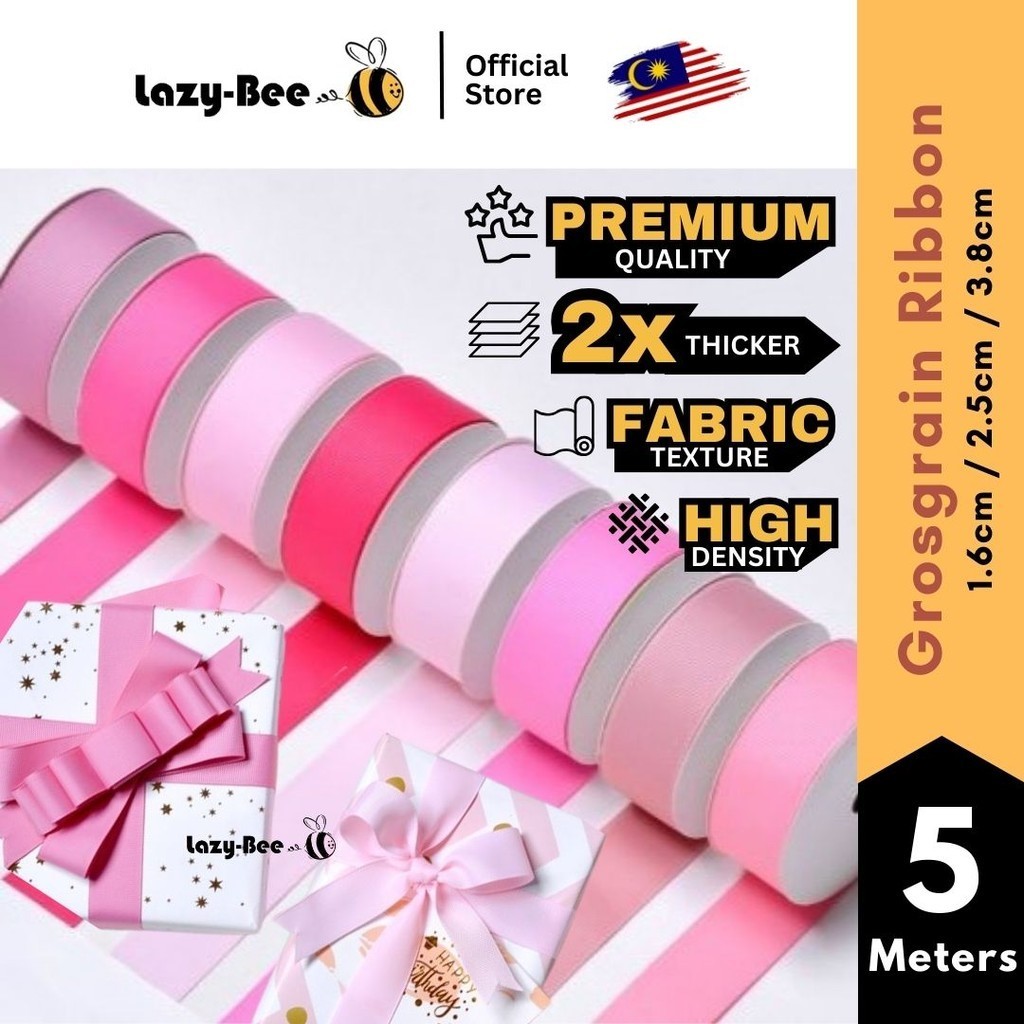 LAZY BEE 5 meter Rose Pink Azalea Grosgrain Ribbon Reben Door Gift Wrap ...