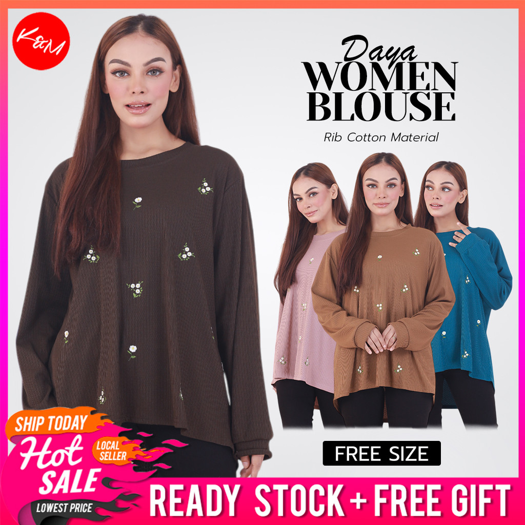 KM Daya Flower Embroidery Rib Cotton Women Blouse [B10165] | Shopee ...